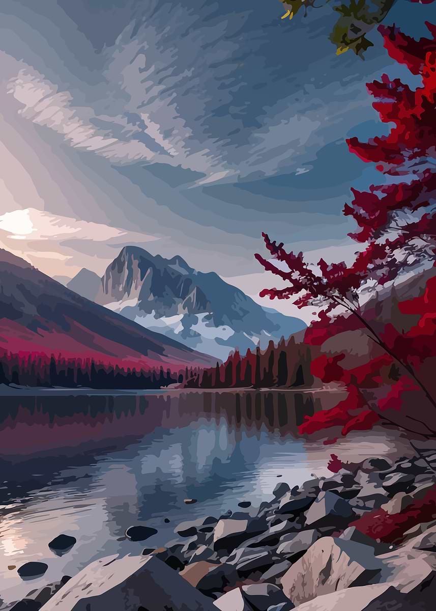 'Mountain Lake Landscape with Red Foliage' Poster, picture, metal print ...