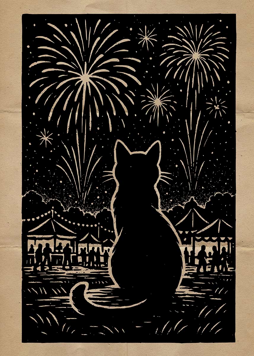 'Cat Watching Fireworks Illustration' Poster, picture, metal print ...