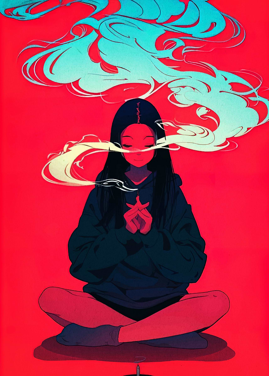 'Meditative Girl in Red Anime Style' Poster, picture, metal print ...