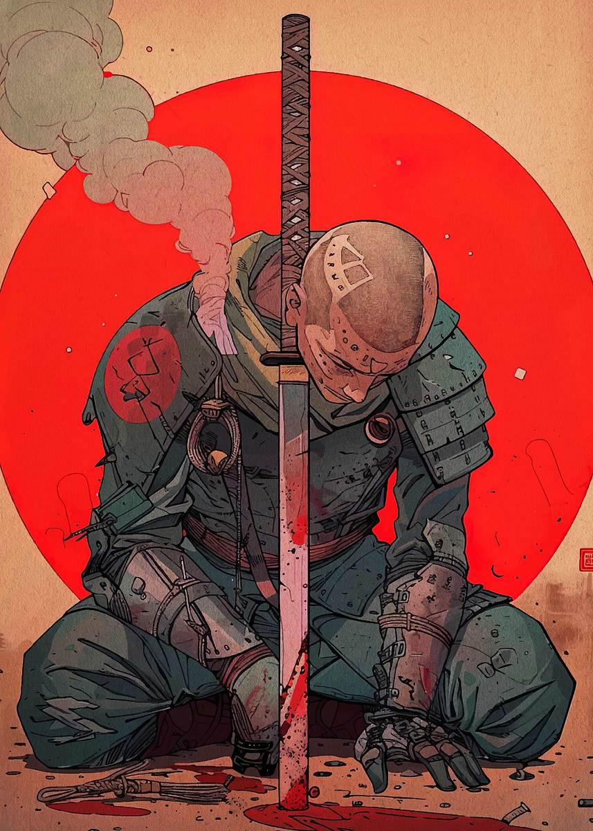 'Wounded Samurai with Katana and Red Sun' Poster, picture, metal print ...