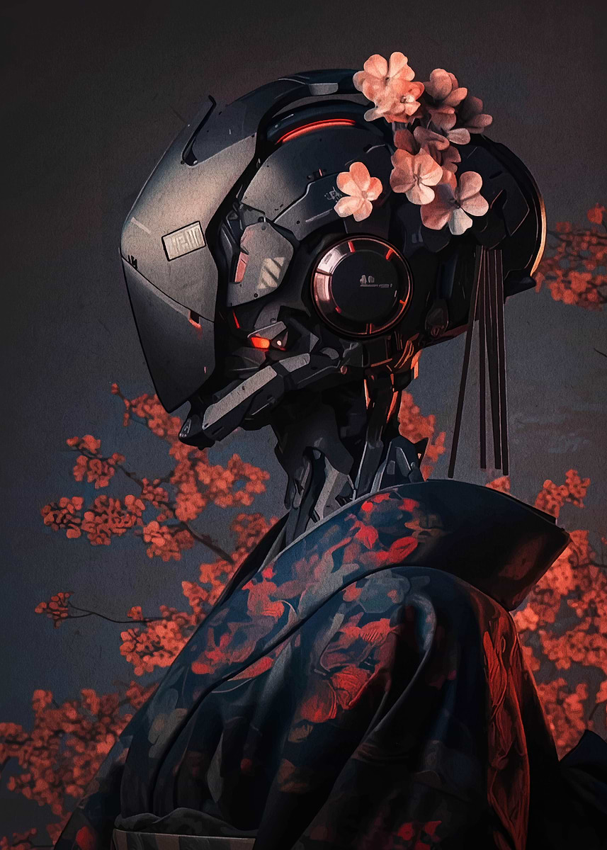'Cyberpunk Geisha with Cherry Blossoms' Poster, picture, metal print ...
