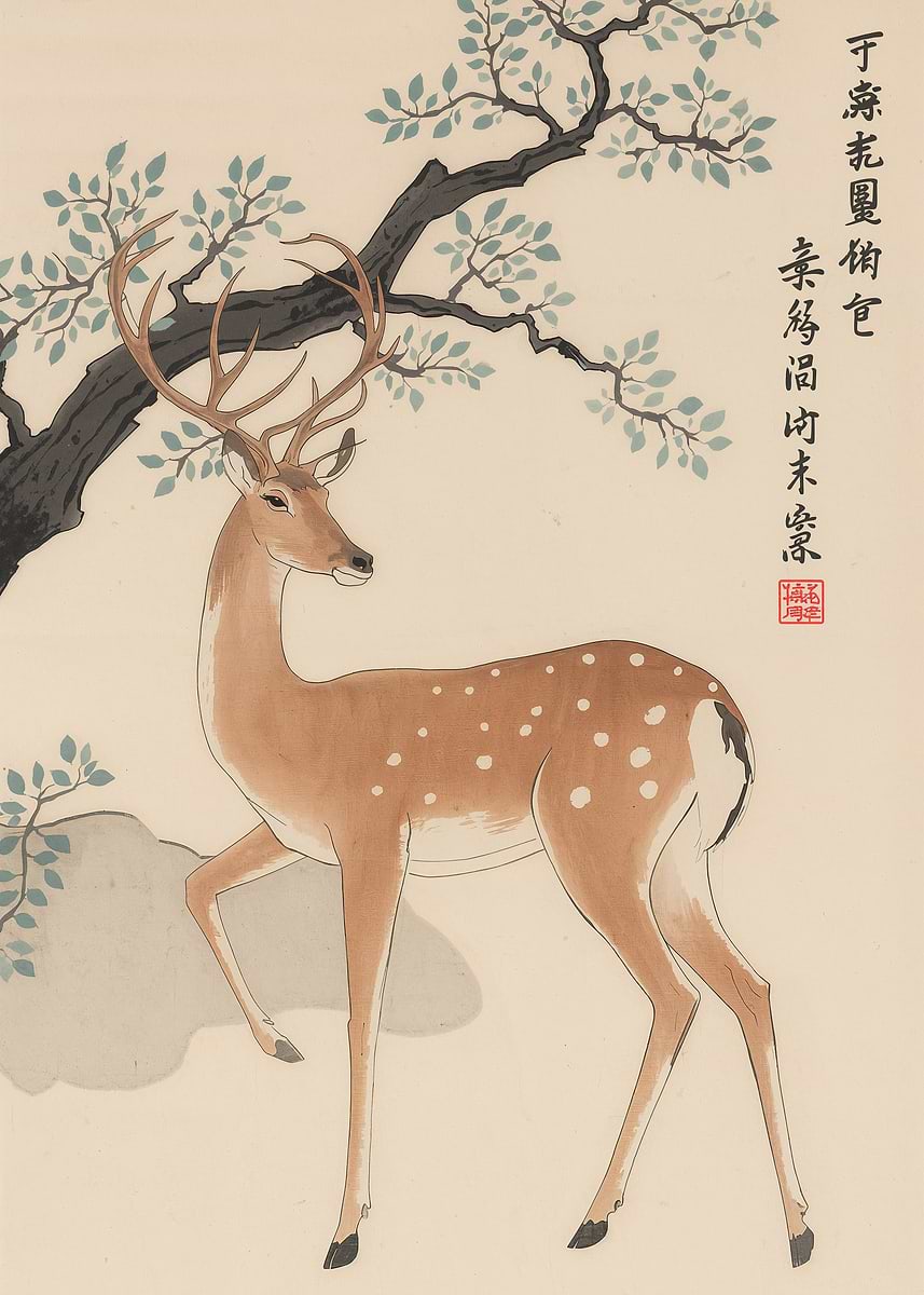 'Japanese Deer Painting with Tree' Poster, picture, metal print, paint ...