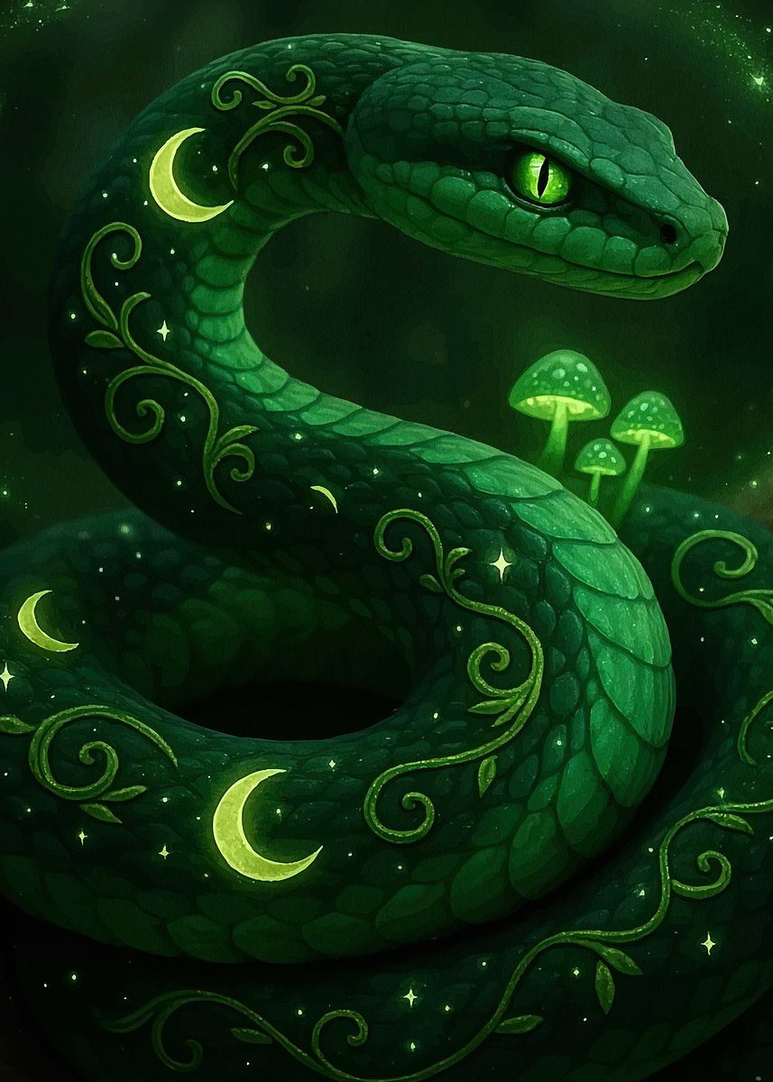 'Mystical Snake Moon Stars' Poster, picture, metal print, paint by ...