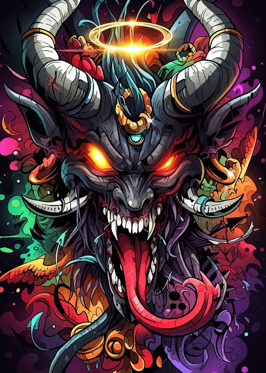 'Colorful Demon with Glowing Eyes' Poster, picture, metal print, paint ...