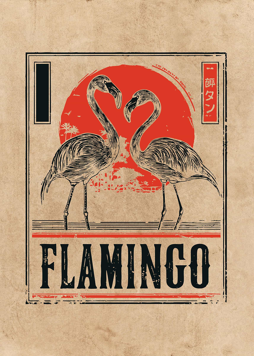 'Flamingo Illustration with Japanese Style' Poster, picture, metal ...