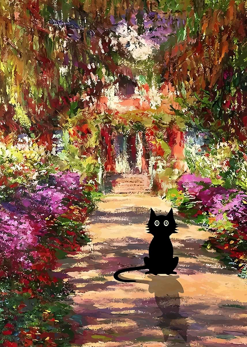 'Black Cat in Monet's Garden' Poster, picture, metal print, paint by ...