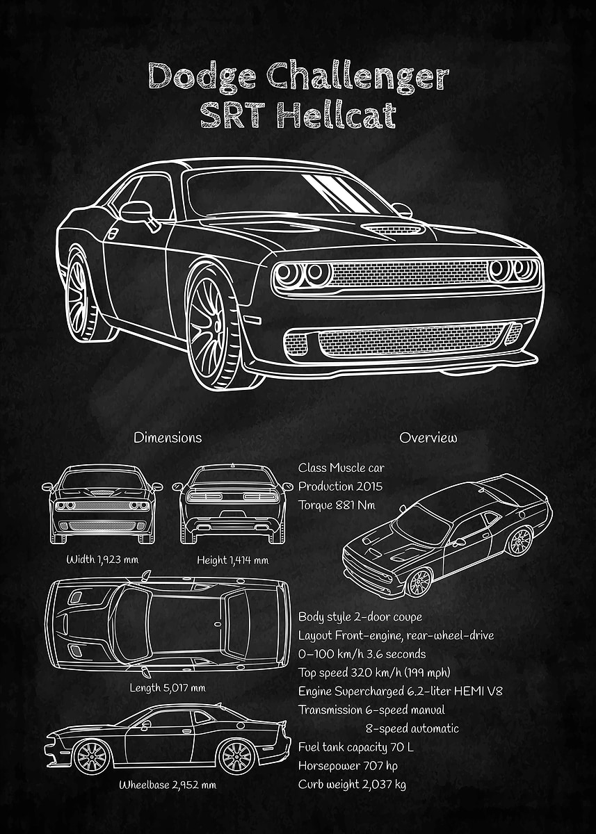 'Dodge Challenger SRT Hellcat Blueprint' Poster, picture, metal print ...