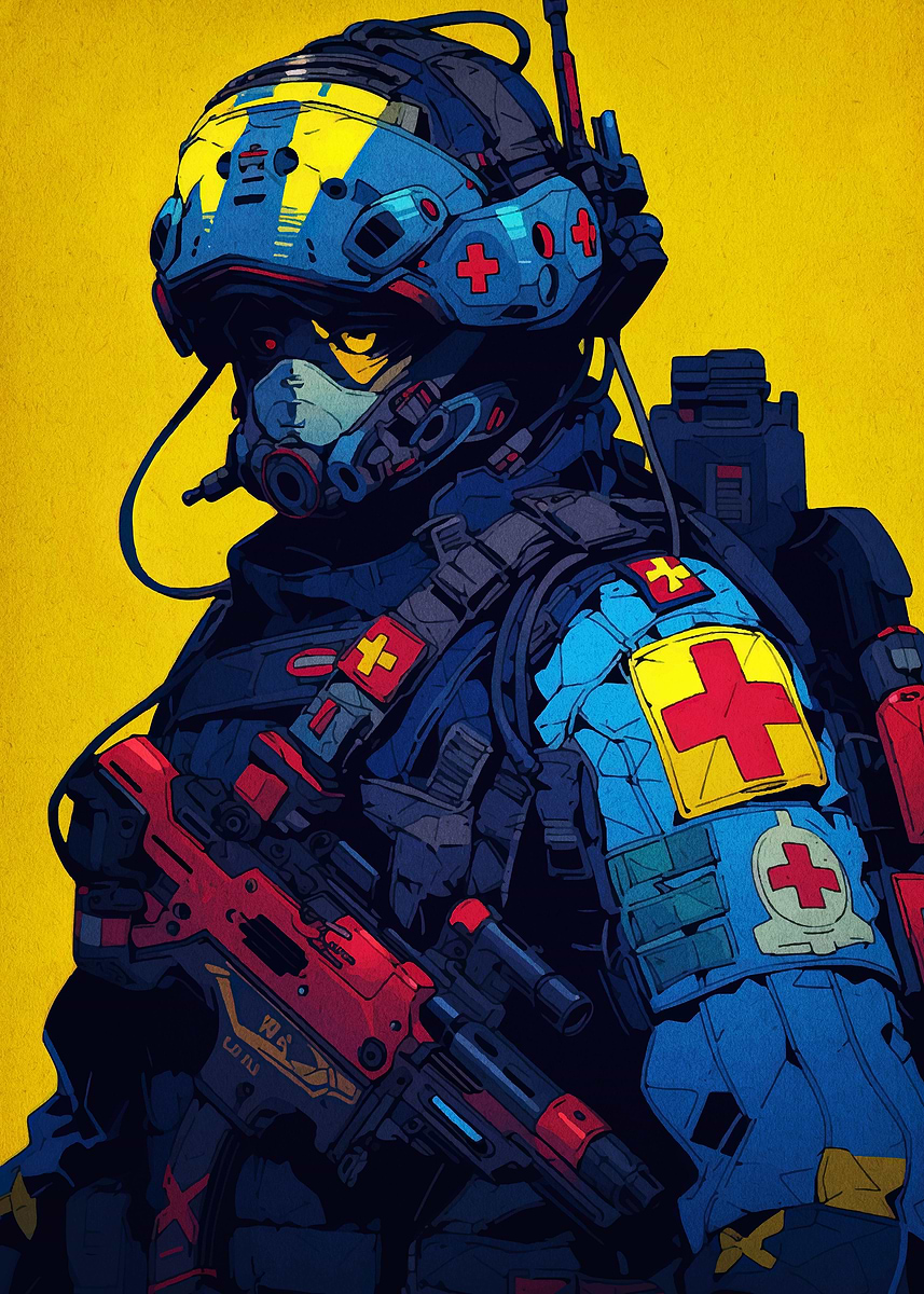 'Futuristic Medic Soldier with Red Crosses' Poster, picture, metal ...