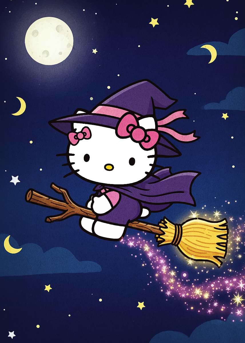 'Hello Kitty Witch on Broomstick' Poster, picture, metal print, paint ...