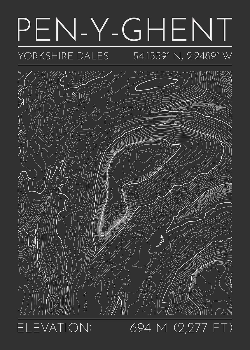 'Pen-y-Ghent Topographic Contour Map' Poster, picture, metal print ...