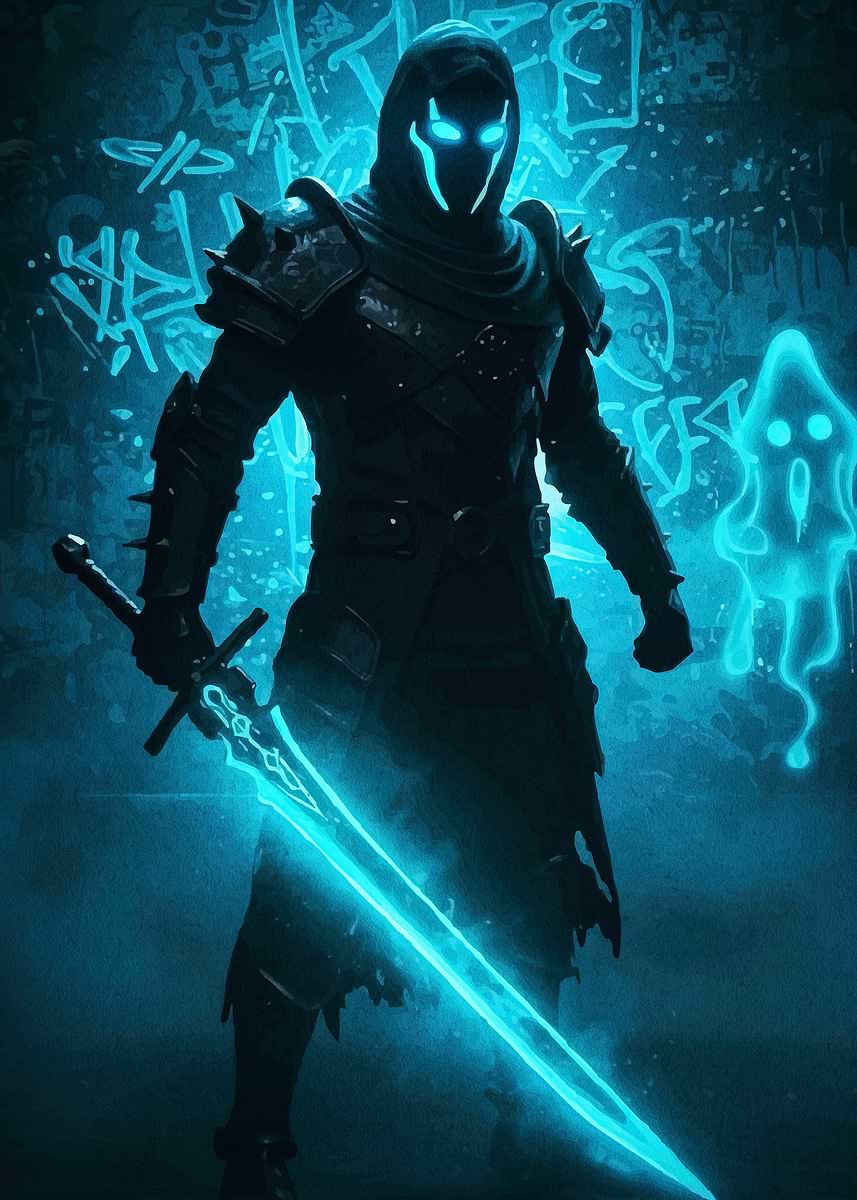 'Hooded Warrior Glowing Sword' Poster, picture, metal print, paint by ...