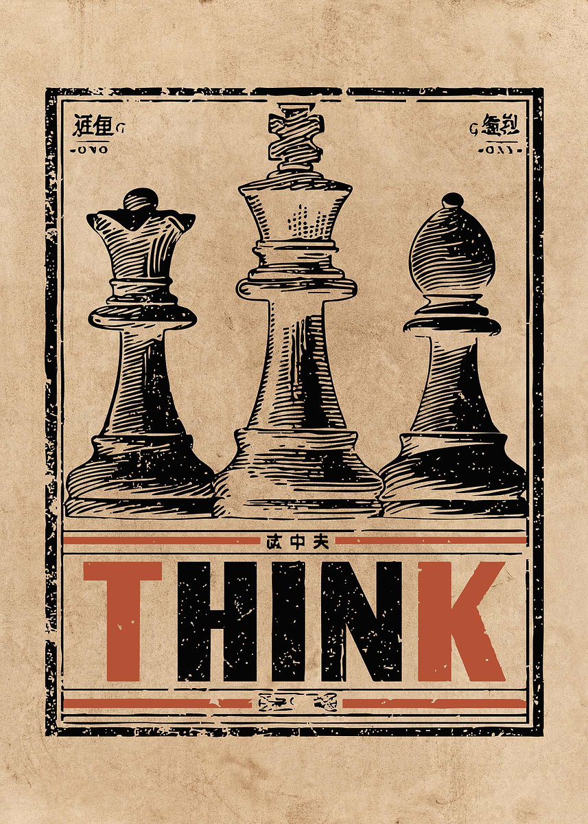 'Chess Pieces with 'THINK' Text' Poster, picture, metal print, paint by ...