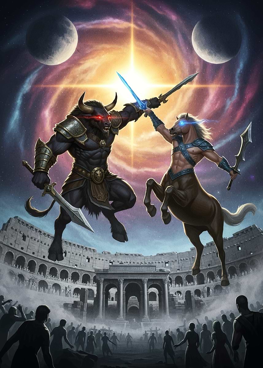'Minotaur vs Centaur Battle ' Poster, picture, metal print, paint by ...
