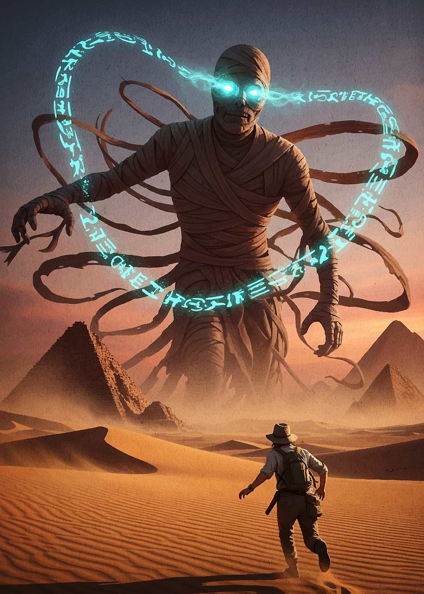 'Mummy chasing explorer in desert landscape' Poster, picture, metal ...