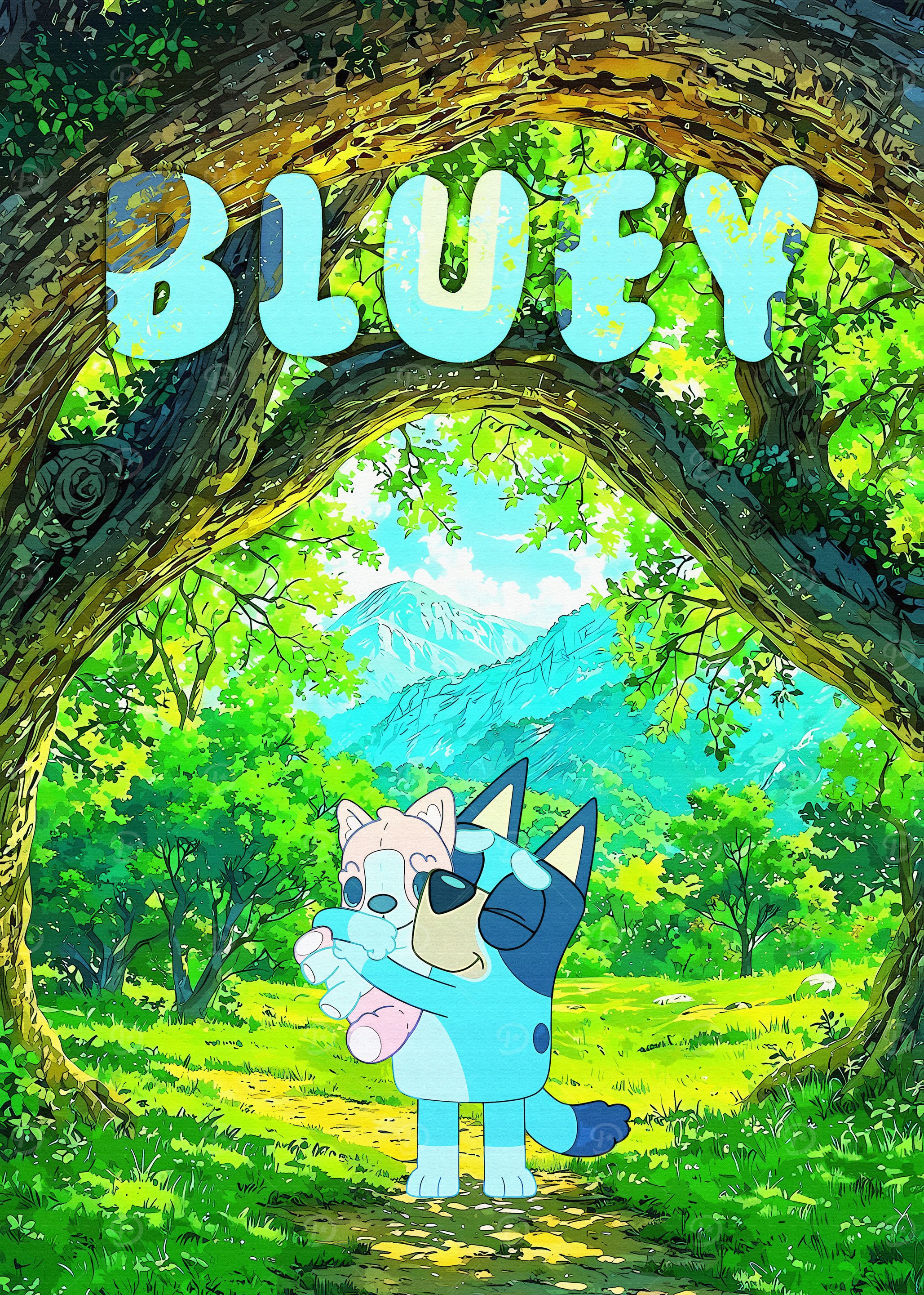 'Bluey and Bingo in the Forest' Poster, picture, metal print, paint by ...