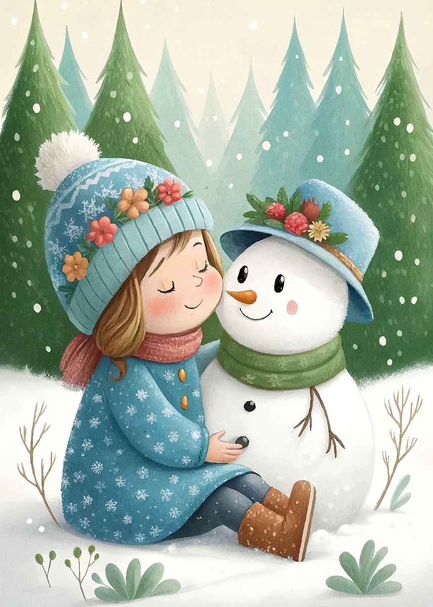 'Girl Hugging Snowman Winter Scene' Poster, picture, metal print, paint ...