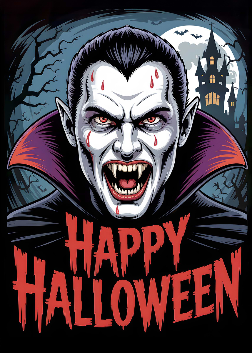 'Happy Halloween Vampire Illustration' Poster, picture, metal print ...
