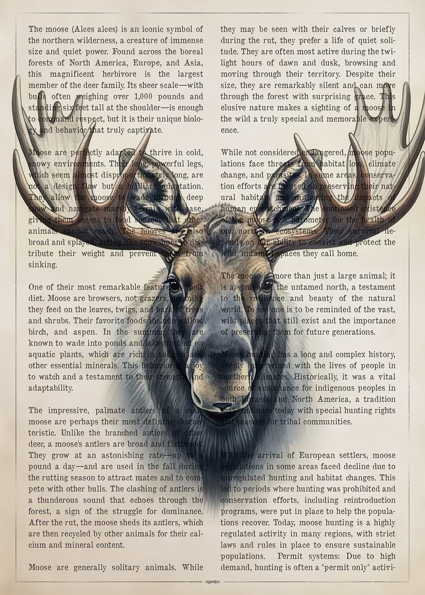 'Moose Portrait on Vintage Text Background' Poster, picture, metal ...