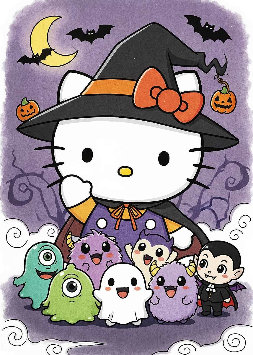 'Hello Kitty Halloween Cartoon Illustration' Poster, picture, metal ...