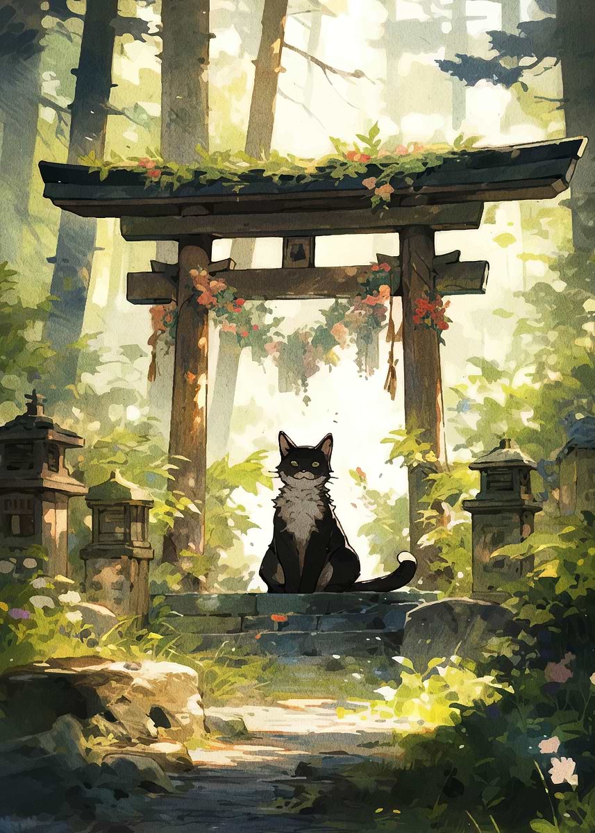 'Cat at Torii Gate in Forest' Poster, picture, metal print, paint by ...