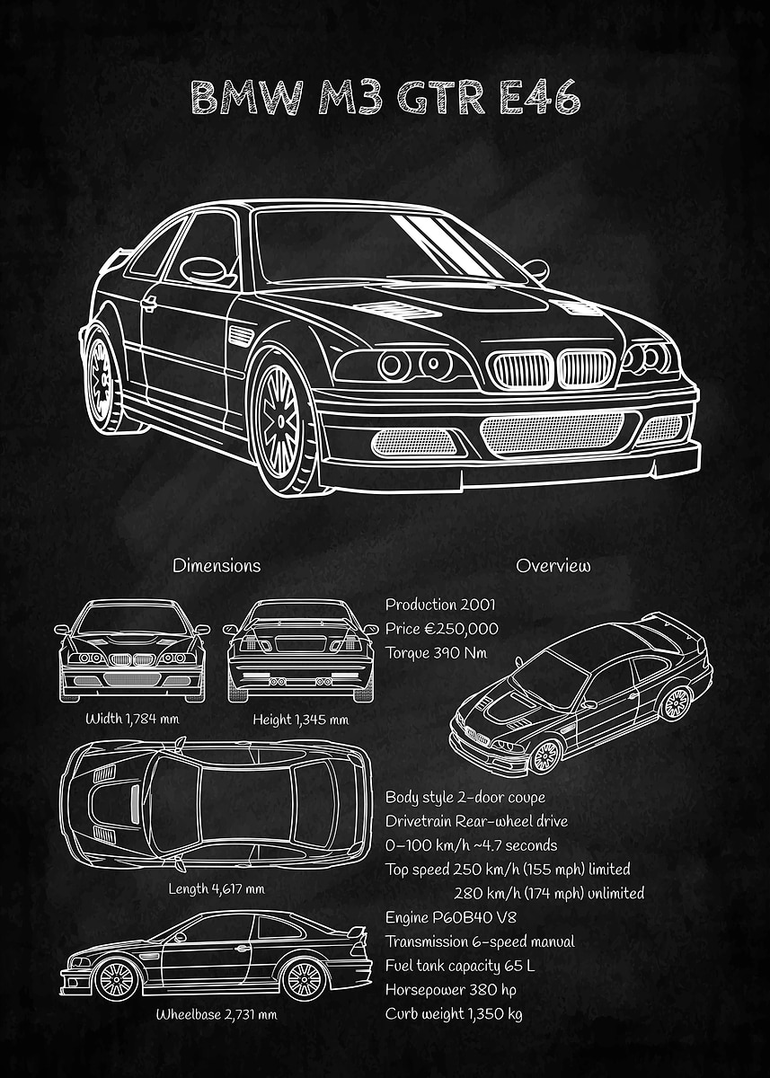 'BMW M3 GTR E46 Blueprint' Poster, picture, metal print, paint by ...