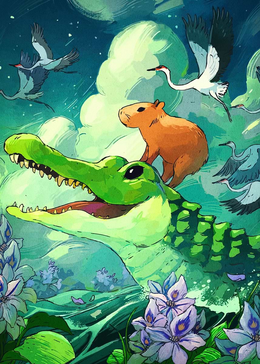 'Capybara and Alligator in Floral Scene' Poster, picture, metal print ...