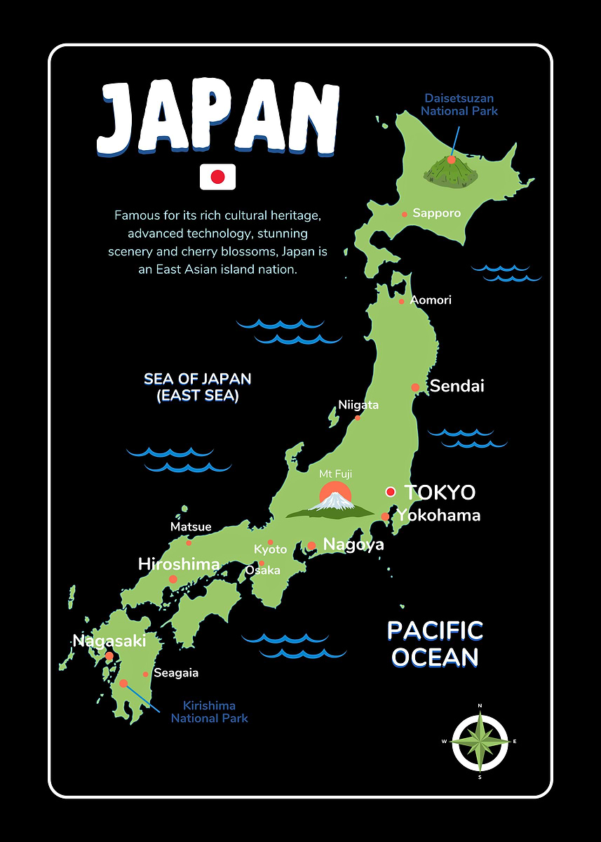 'Japan Map with Cities and Landmarks' Poster, picture, metal print ...