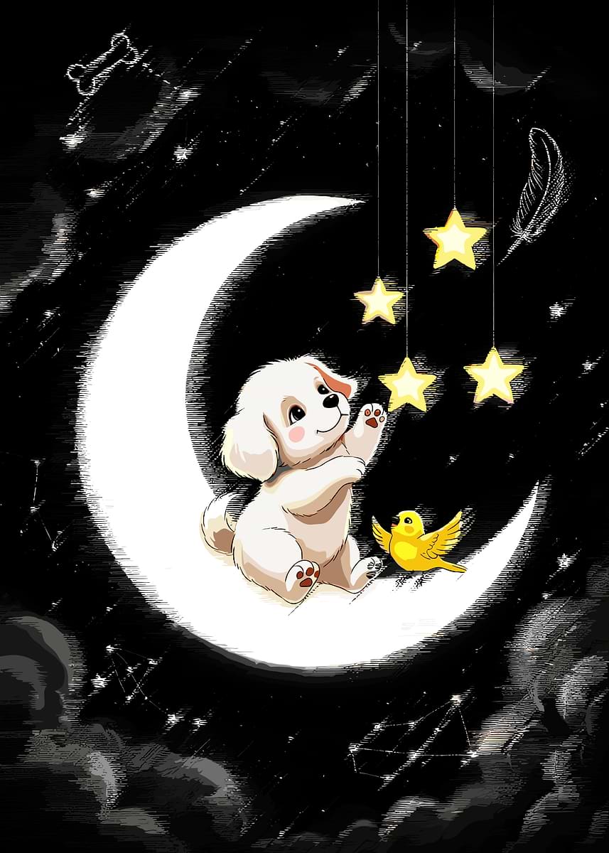 'Puppy on Moon with Stars' Poster, picture, metal print, paint by ...