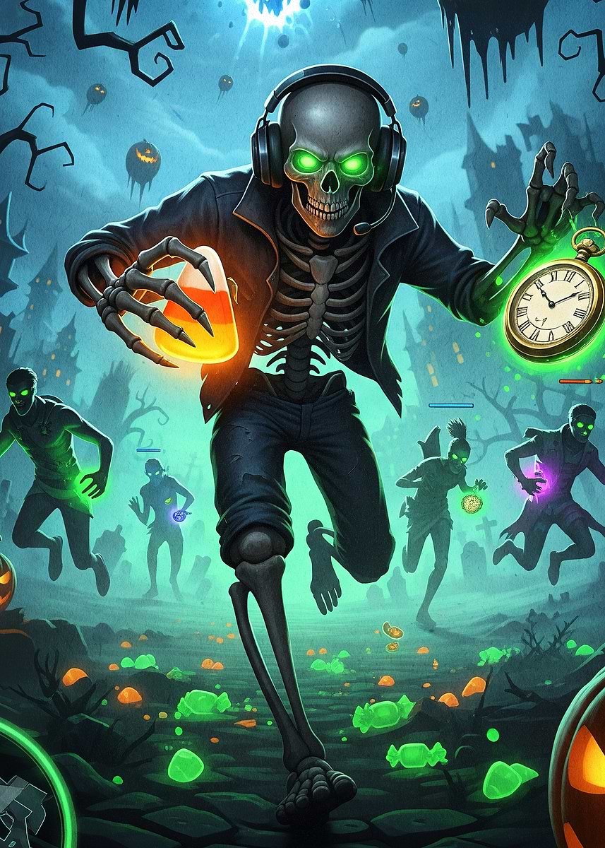 'Halloween Skeleton Gamer with Candy Corn' Poster, picture, metal print ...