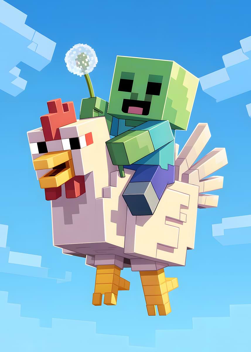 'Minecraft Zombie Riding Chicken in Sky' Poster, picture, metal print ...