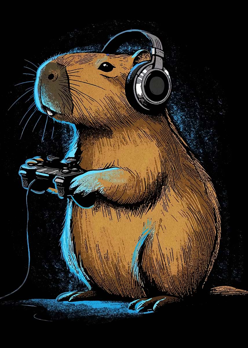 'Capybara Gamer with Headphones' Poster, picture, metal print, paint by ...