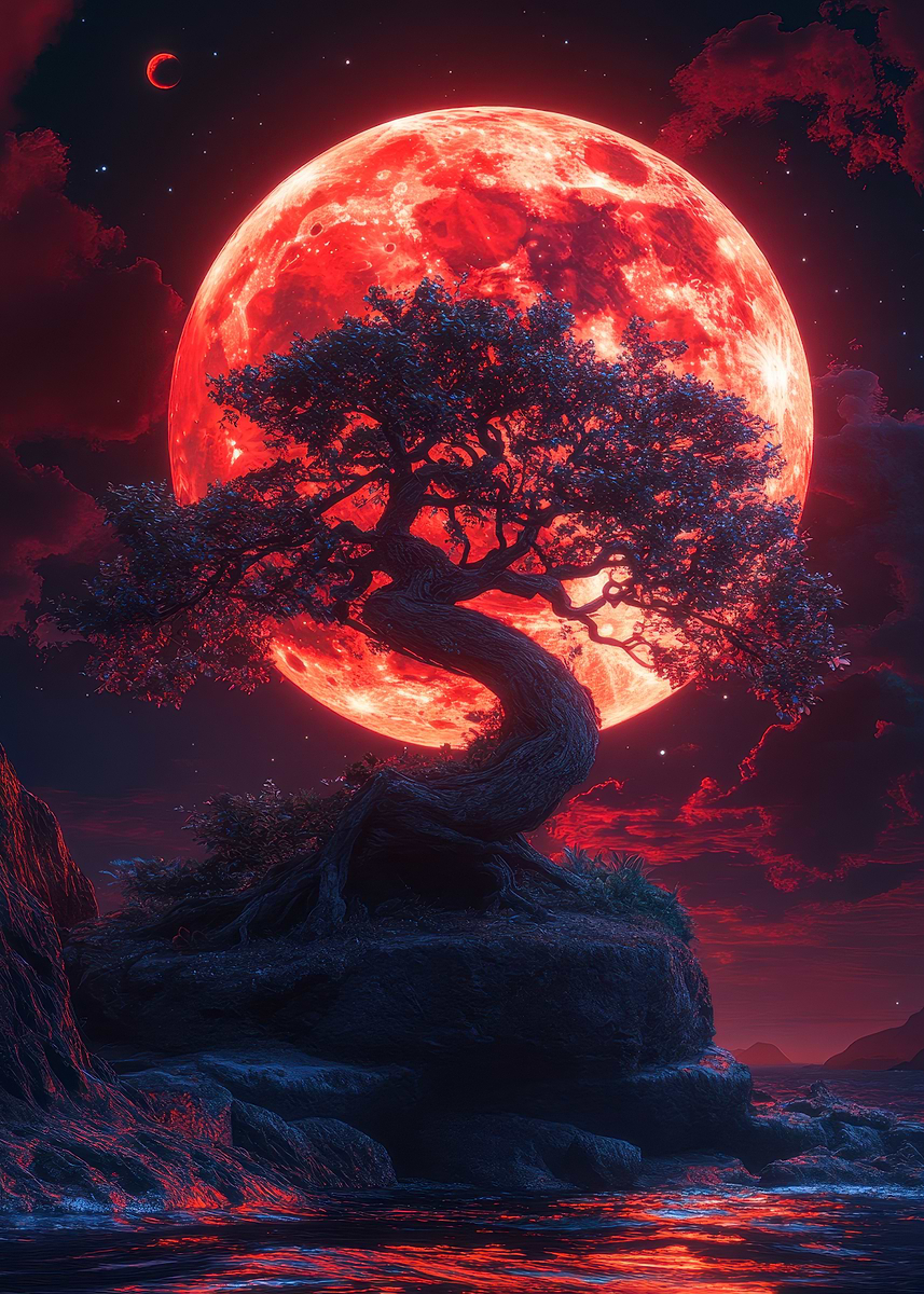 'Red Moon Tree Landscape' Poster, picture, metal print, paint by ...