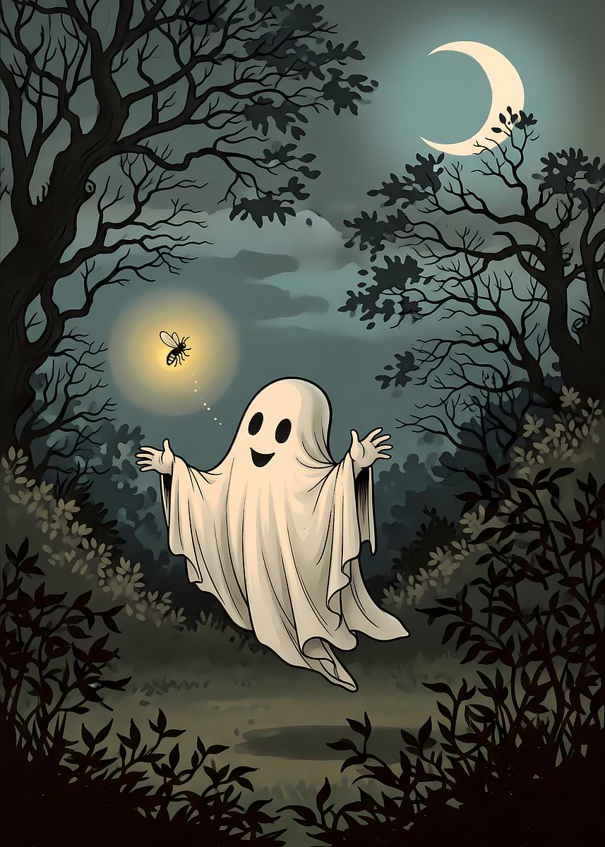 'Playful Ghost with Firefly – Vintage Halloween Illustration' Poster ...