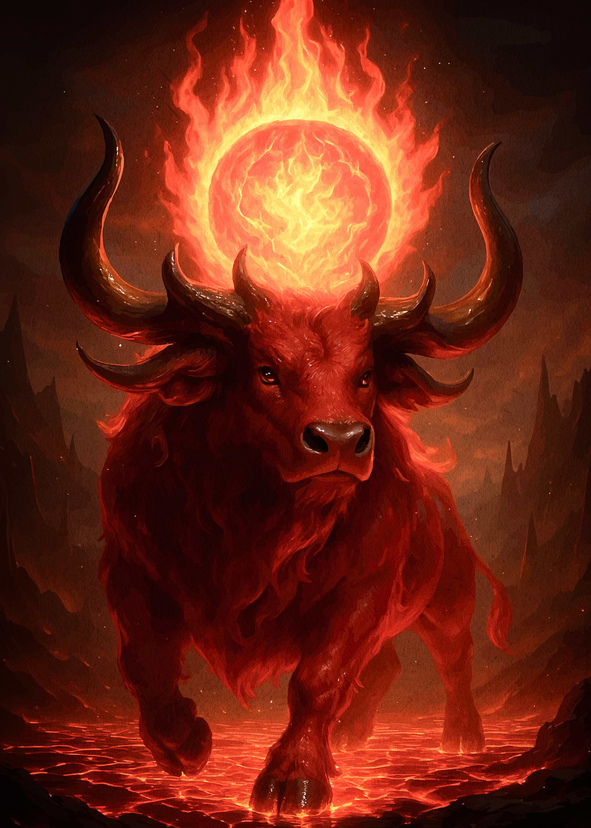 'Fiery Bull Flaming Halo' Poster, picture, metal print, paint by Keyon ...