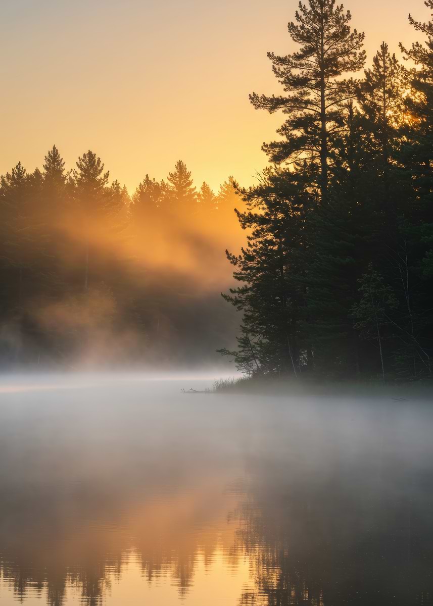 'Sunrise Misty Forest Lake' Poster, picture, metal print, paint by ...