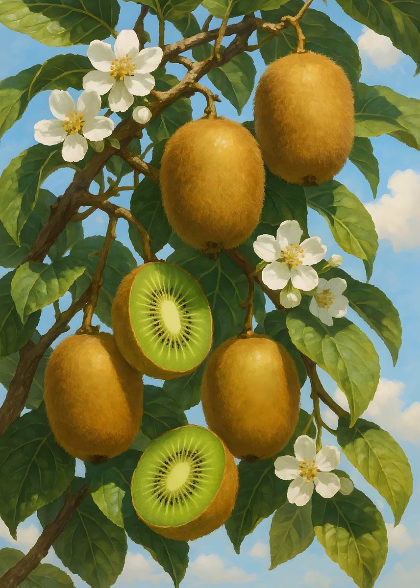 'Kiwi Fruit Tree with Flowers' Poster, picture, metal print, paint by ...