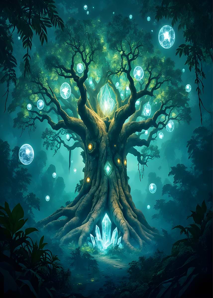 'Mystical Tree with Glowing Orbs' Poster, picture, metal print, paint ...