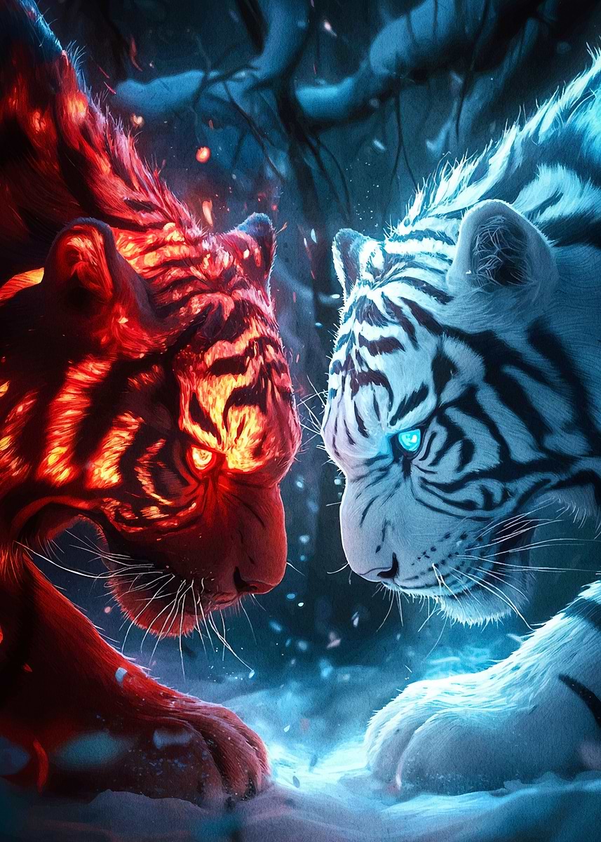'Fire and Ice Tigers Confrontation' Poster, picture, metal print, paint ...