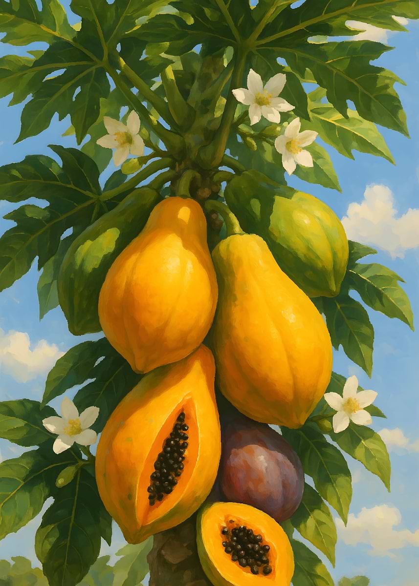 'Papaya Tree with Fruit and Flowers' Poster, picture, metal print ...