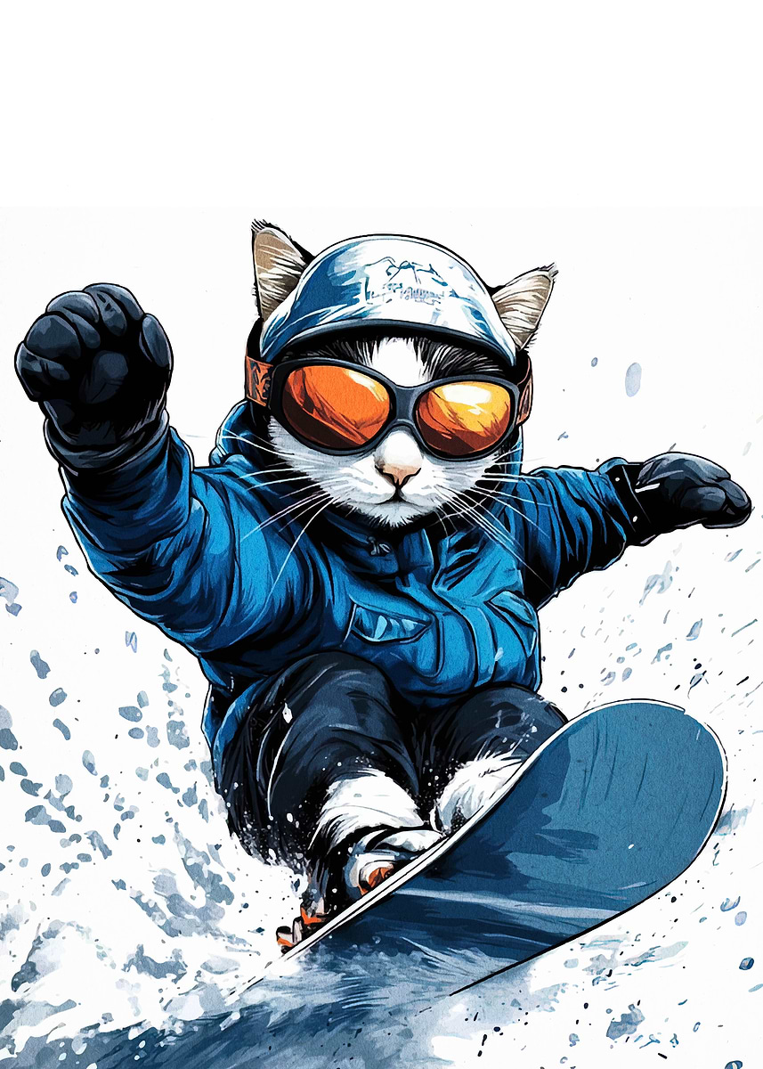 'Snowboarding Cat Illustration' Poster, picture, metal print, paint by ...