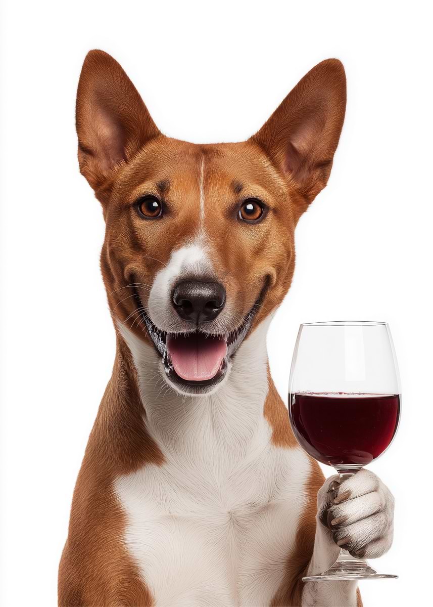 'Basenji dog with Wine Glass Portrait' Poster, picture, metal print, paint by Lazy Owl | Displate