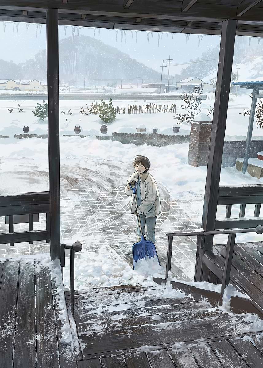 'Boy Shoveling Snow in Winter Scene' Poster, picture, metal print ...