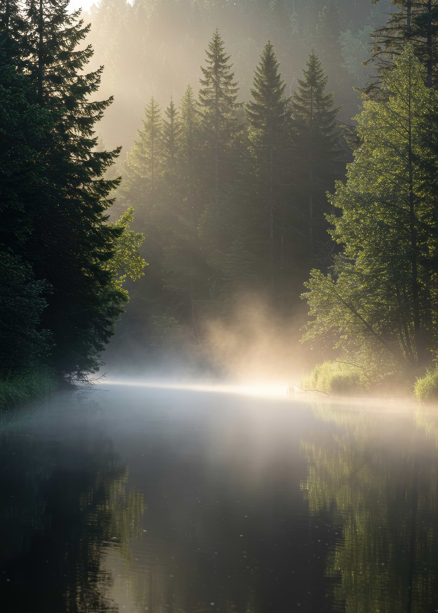 'Sunrise Misty Forest Lake' Poster, picture, metal print, paint by ...
