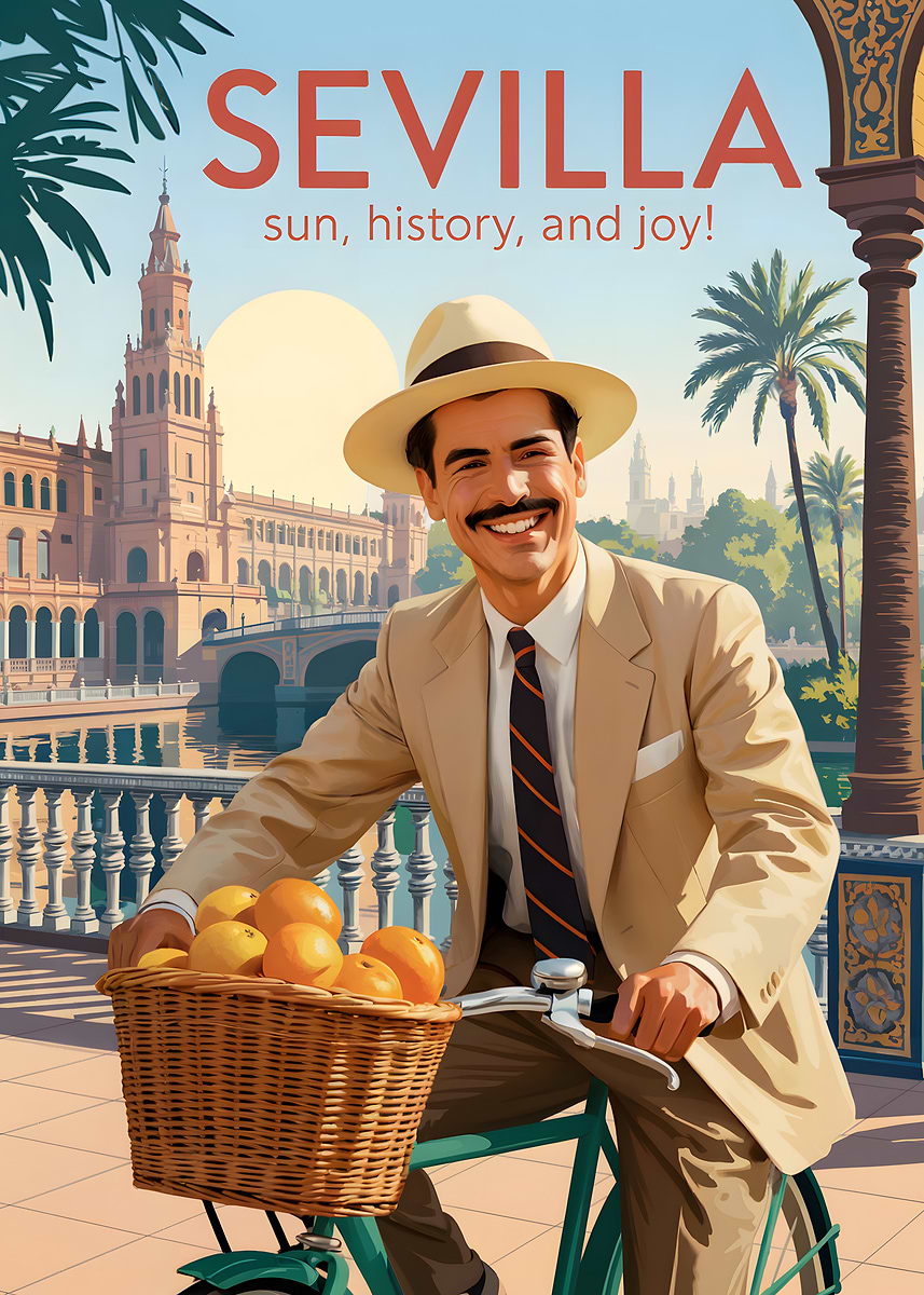 'Sevilla Travel Poster with Smiling Man' Poster, picture, metal print ...
