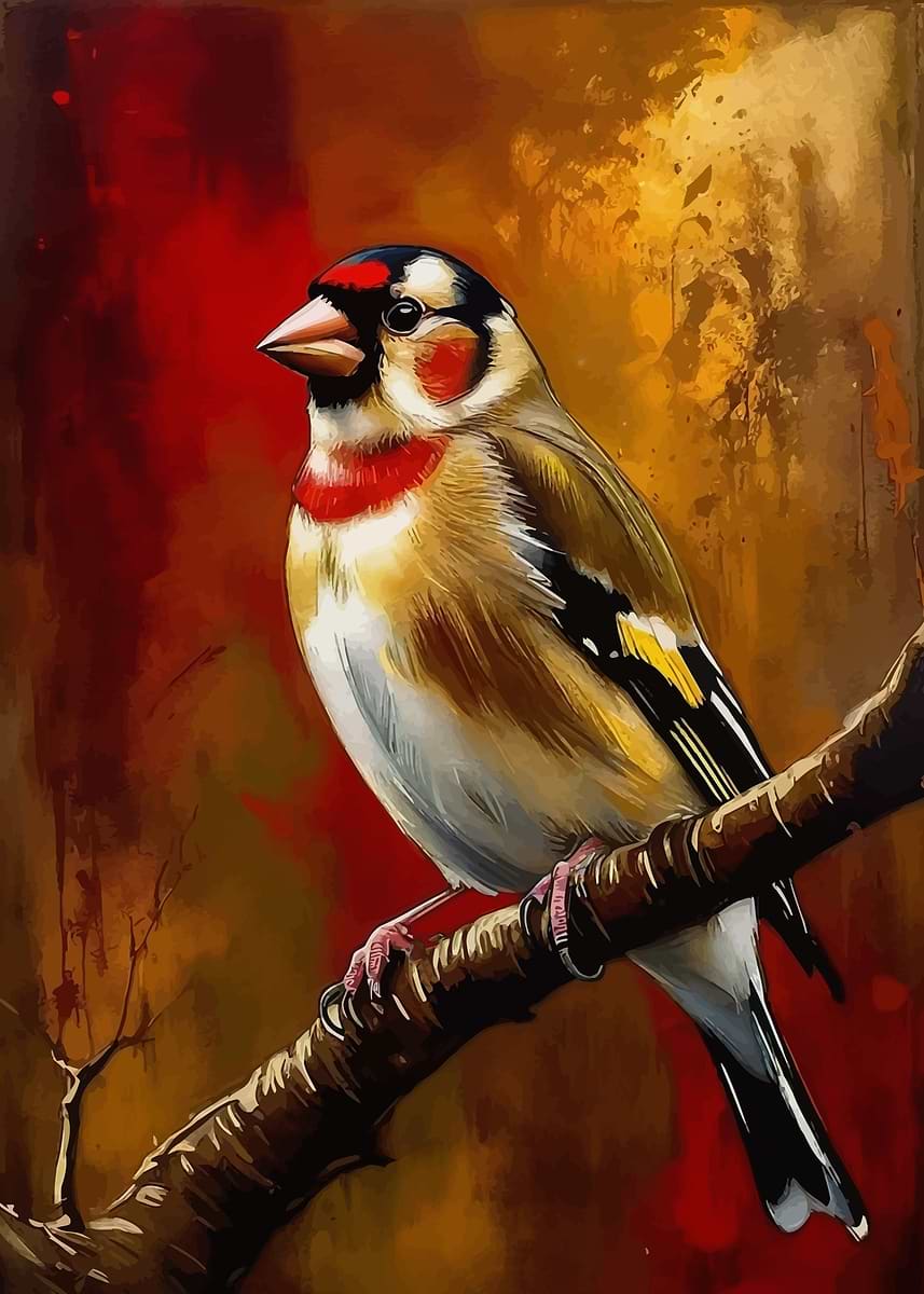 'Goldfinch Bird Painting on Branch' Poster, picture, metal print, paint ...