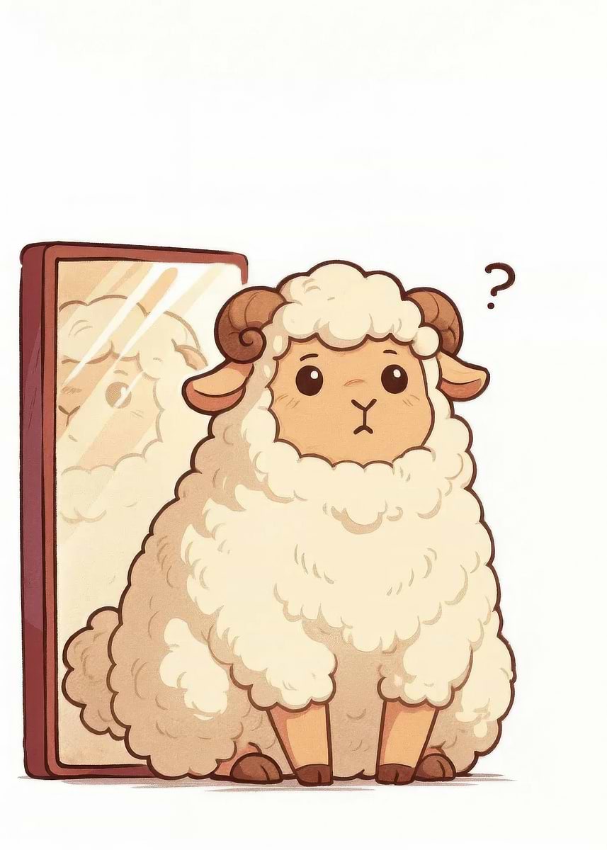 'Confused Cartoon Sheep Looking in Mirror' Poster, picture, metal print ...