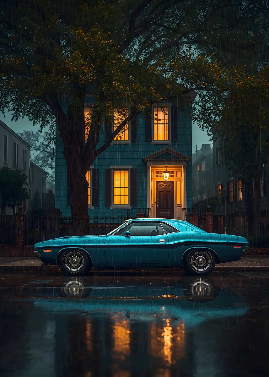 'Blue vintage car in the Rain' Poster, picture, metal print, paint by ...