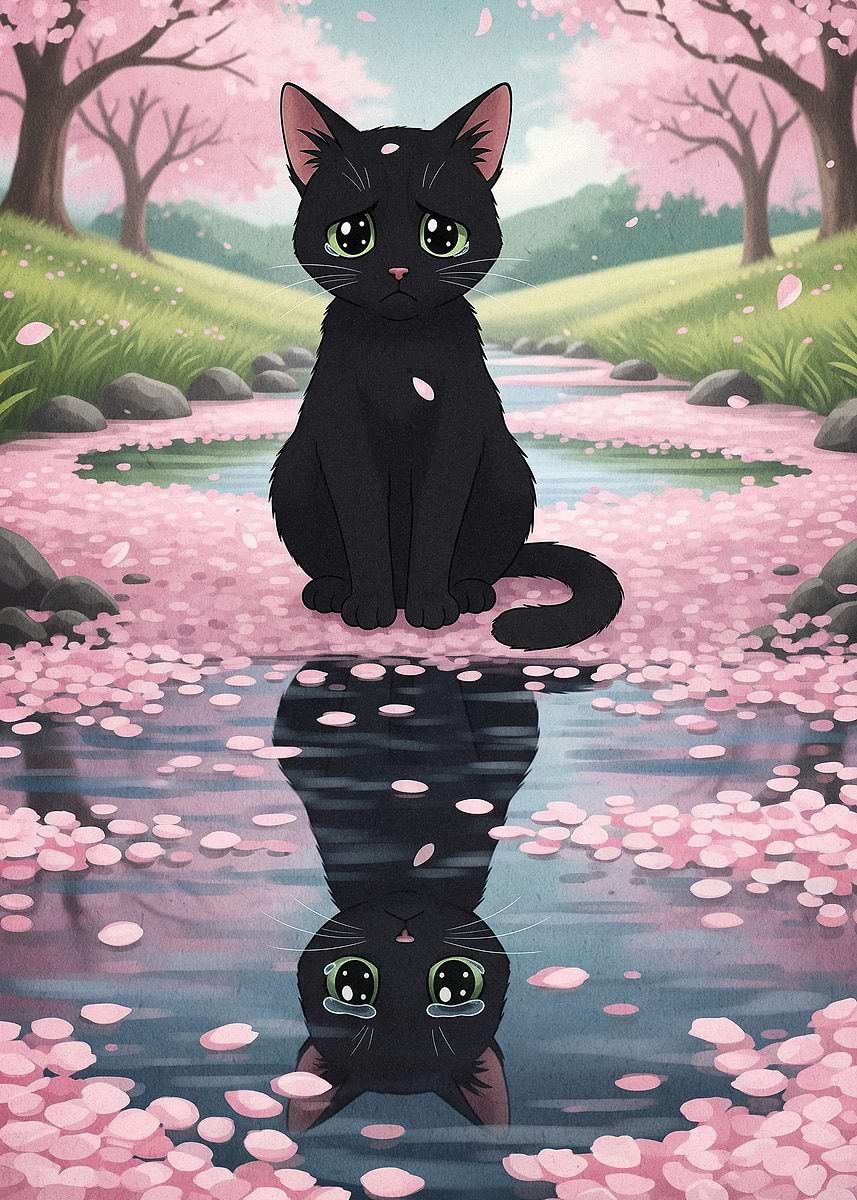 'Sad Black Cat Reflection in Cherry Blossoms' Poster, picture, metal ...