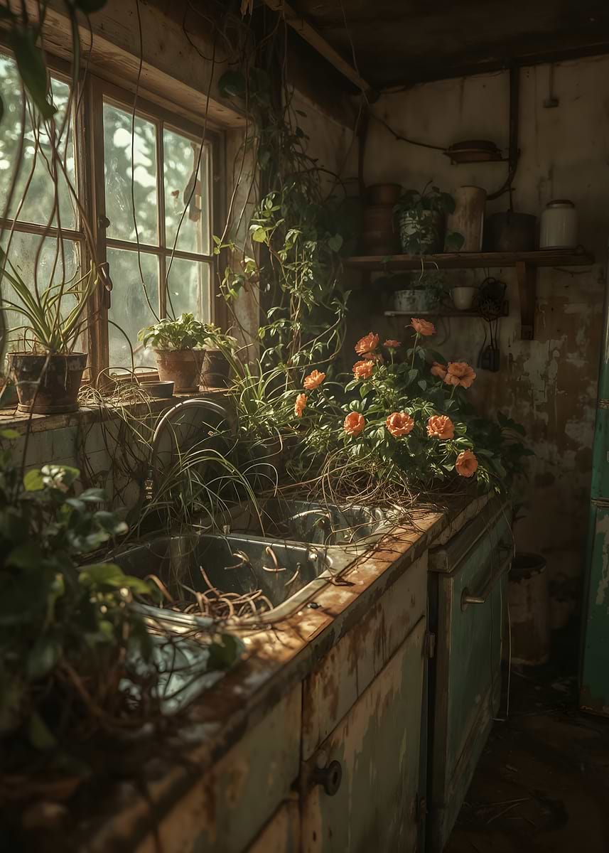 'Overgrown Kitchen Sink with Plants' Poster, picture, metal print ...