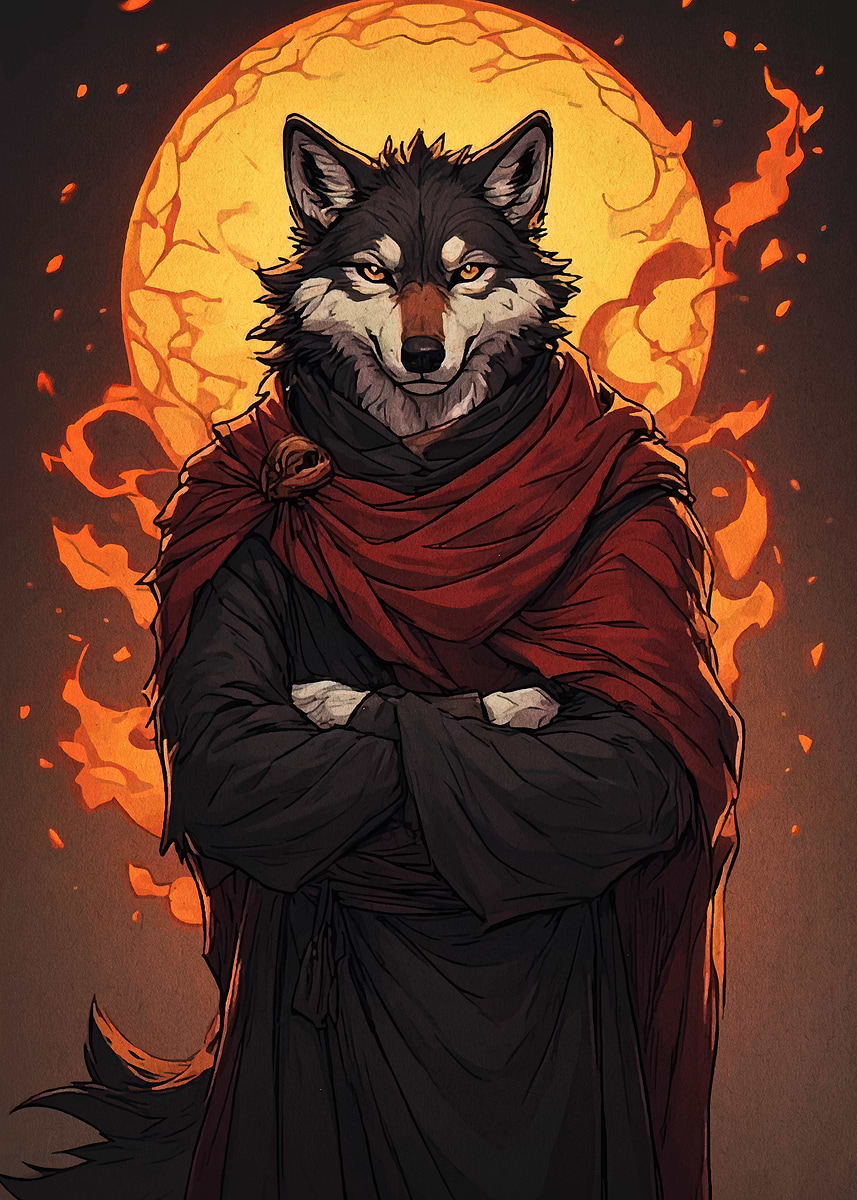 'Wolf Mage with Fiery Background' Poster, picture, metal print, paint ...